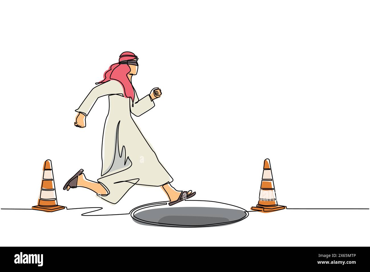 Single one line drawing blindfolded Arabian businessman running to find ...