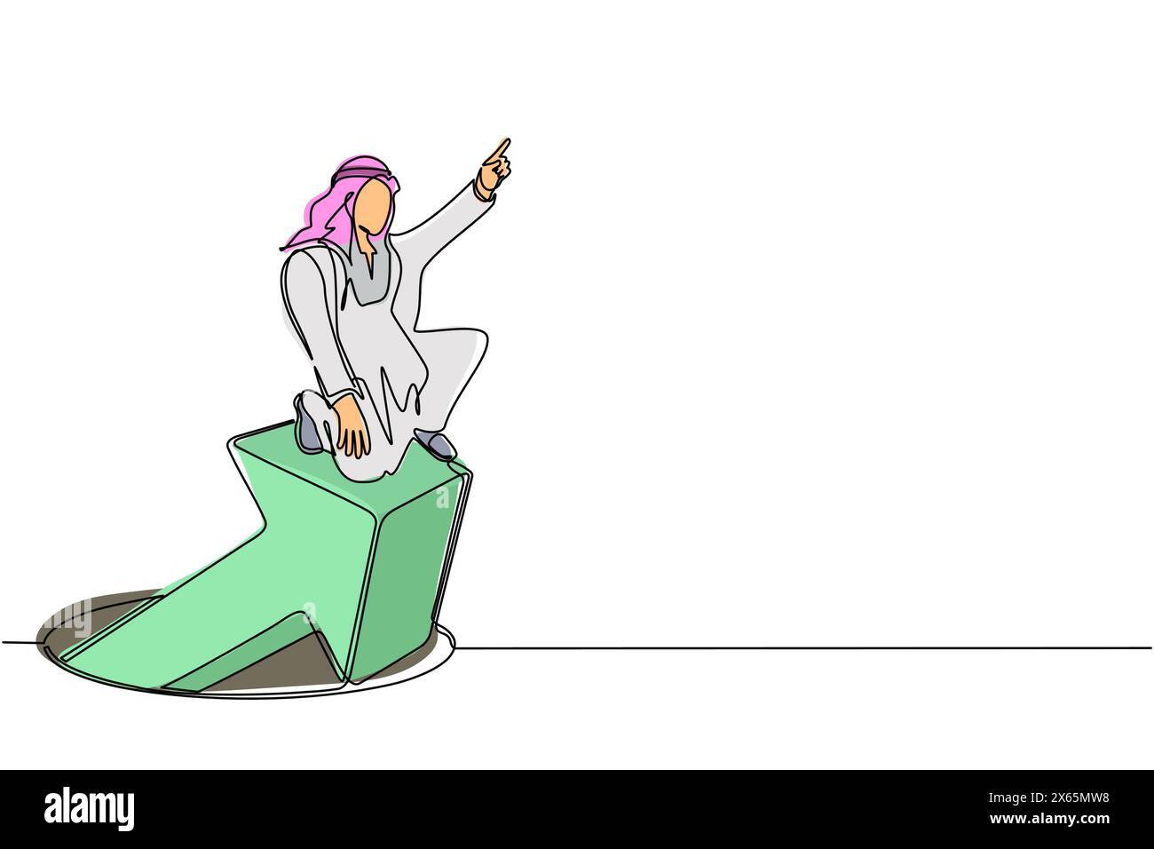 Single continuous line drawing Arabian businessman standing on arrows ...