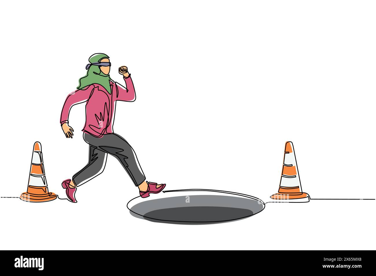 Single one line drawing blindfolded Arab businesswoman running to find ...