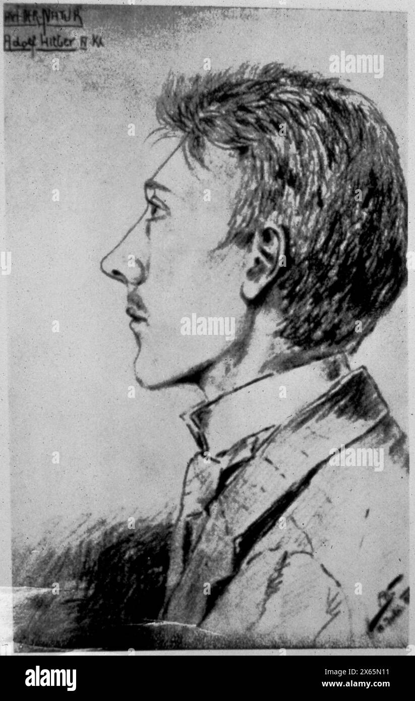 German dictator Adolph Hitler at age 16, drawing by classmate F ...