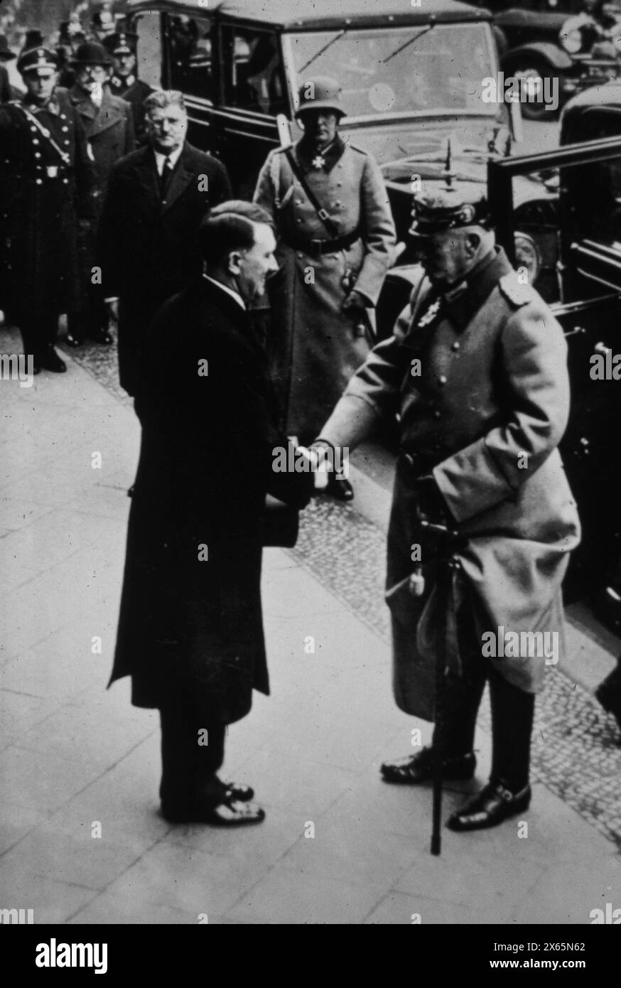 German dictator Adolph Hitler greets President Hindenburg, Germany 1933 ...