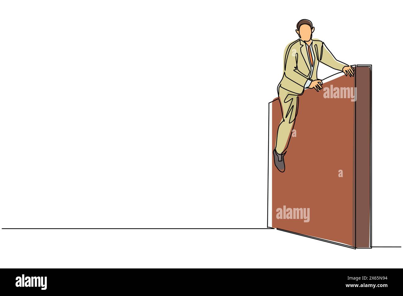 Single one line drawing businessman overcame wall obstacles that ...