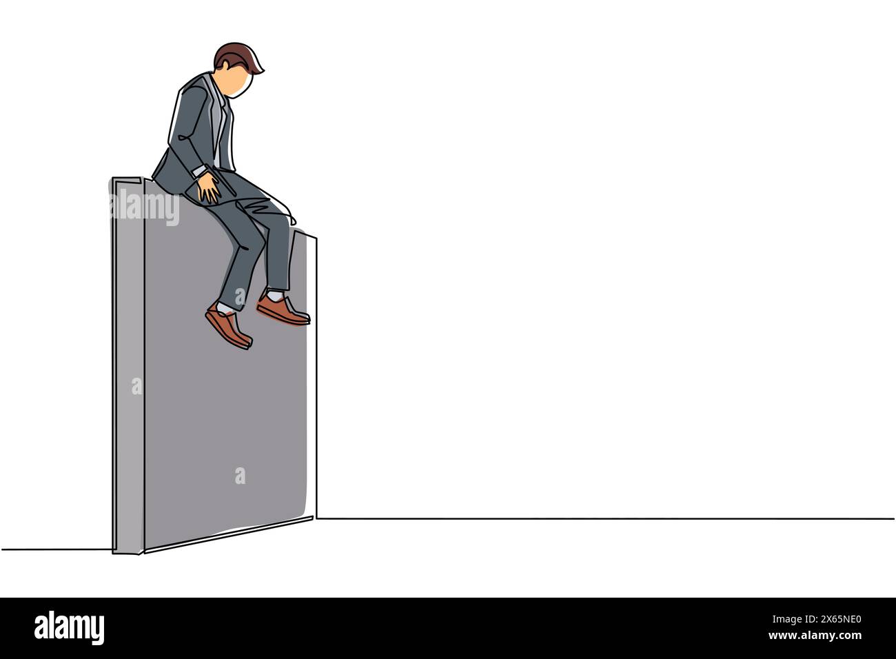 Continuous one line drawing businessman sad sitting on wall thinking of ...