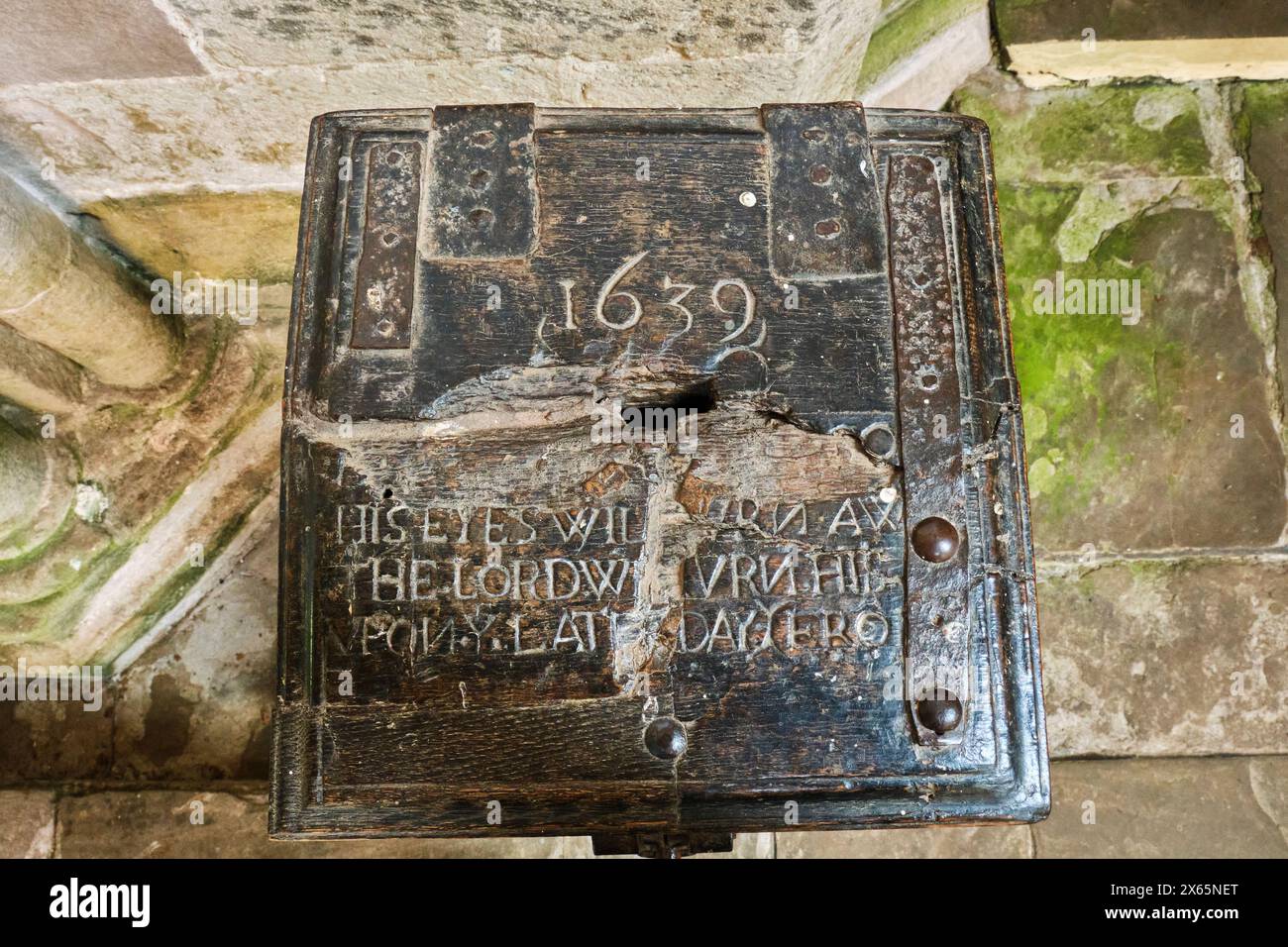 The carved lid of the poor box in Dore Abbey, Abbey Dore, Golden Valley ...