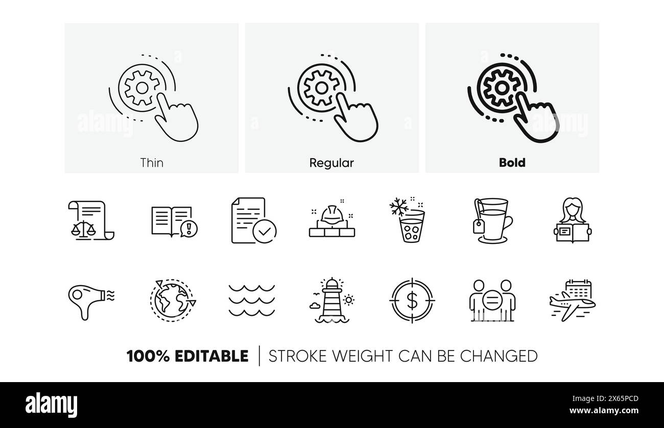 Hair dryer, Woman read and Lighthouse line icons. For web app, printing. Line icons. Vector ...