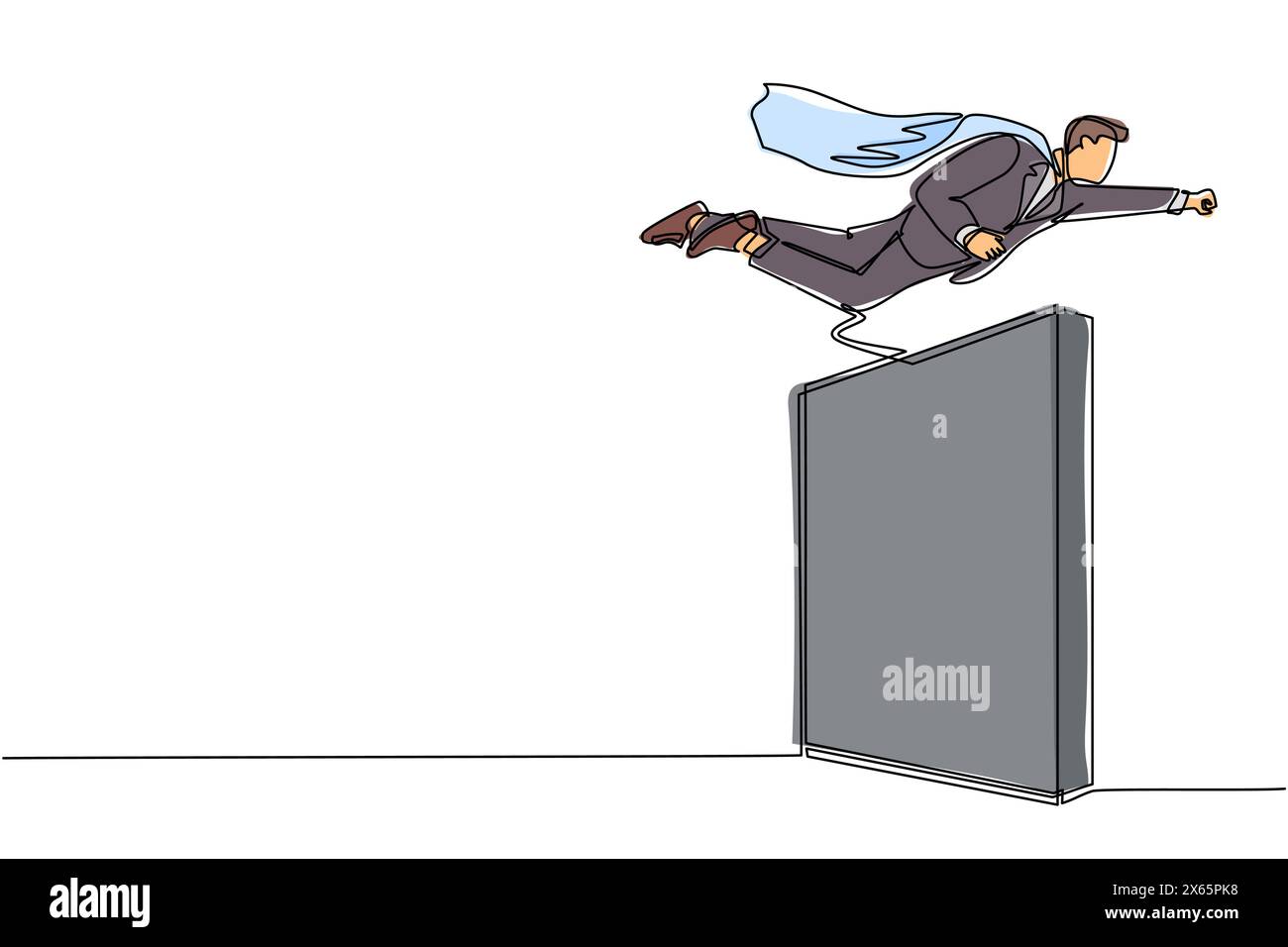 Single one line drawing super businessman flying over the wall ...