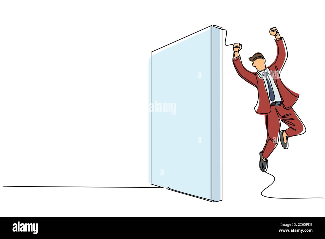 Single continuous line drawing businessman managed to jump over the ...