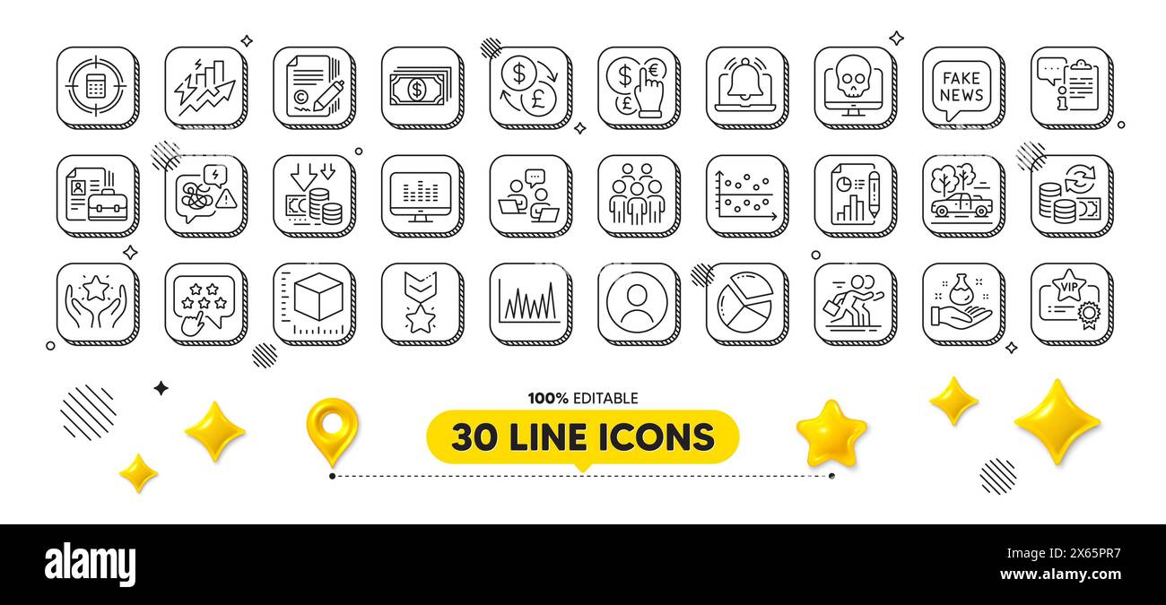 Report document, Line graph and Winner medal line icons pack. For web ...