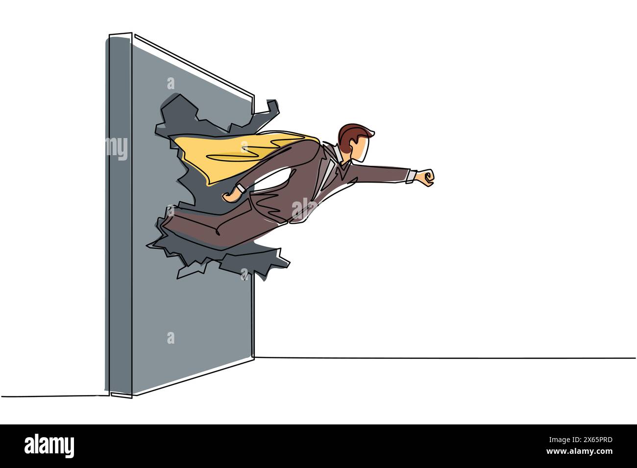 Continuous one line drawing super businessman punches and breaks the ...