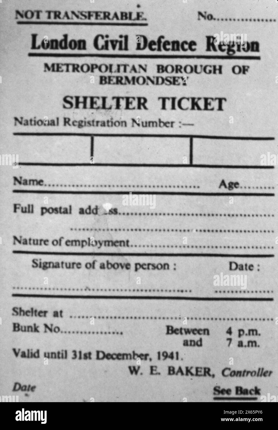 WWII air raid shelter pass during the Blitz, London UK 1941 Stock Photo ...