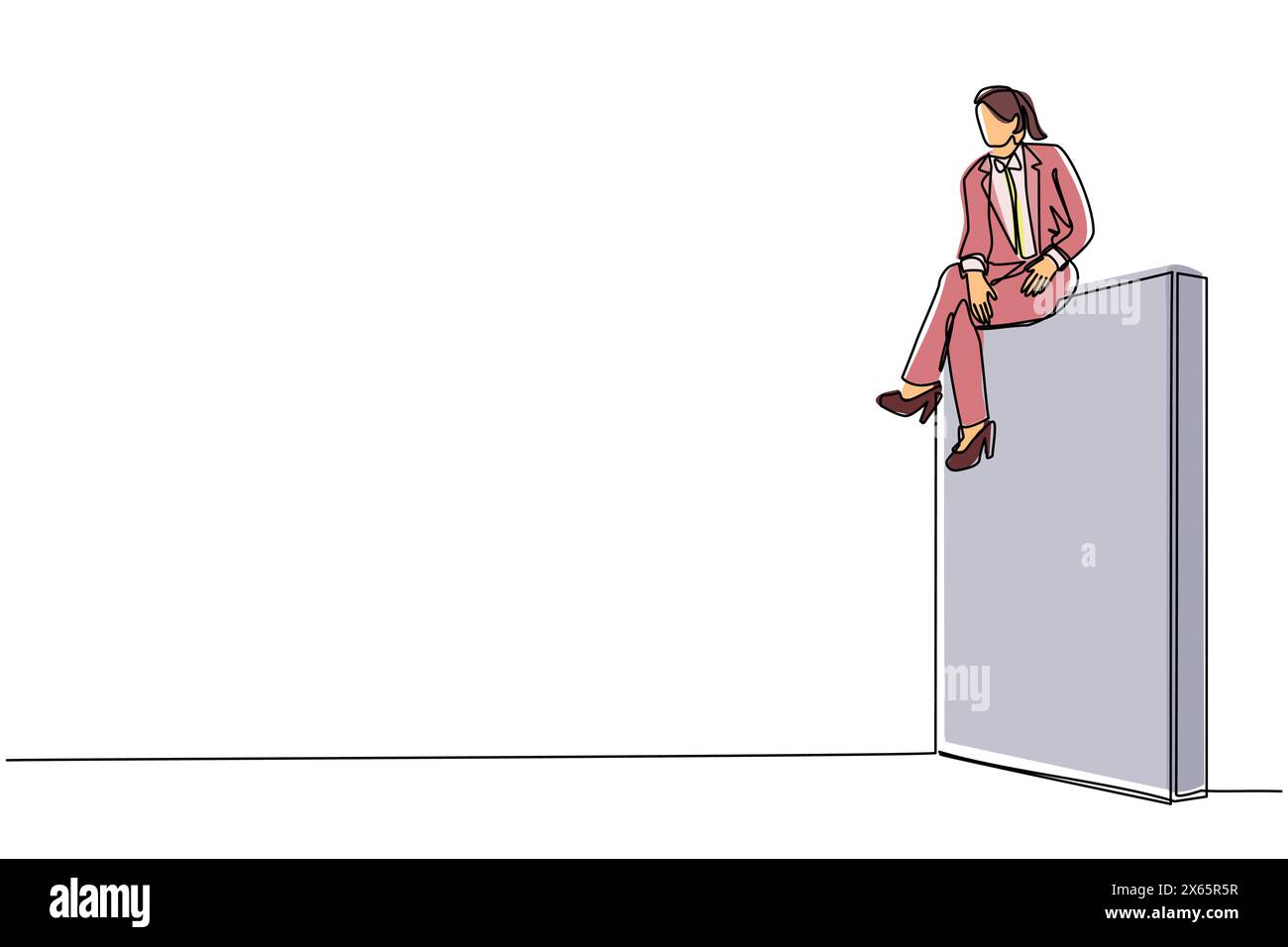 Single one line drawing businesswoman sad sitting on wall thinking of ...