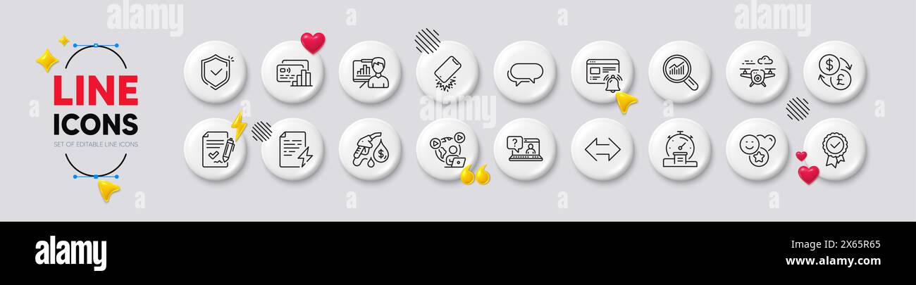 Presentation board, Card and Power certificate line icons. For web app, printing. White buttons ...