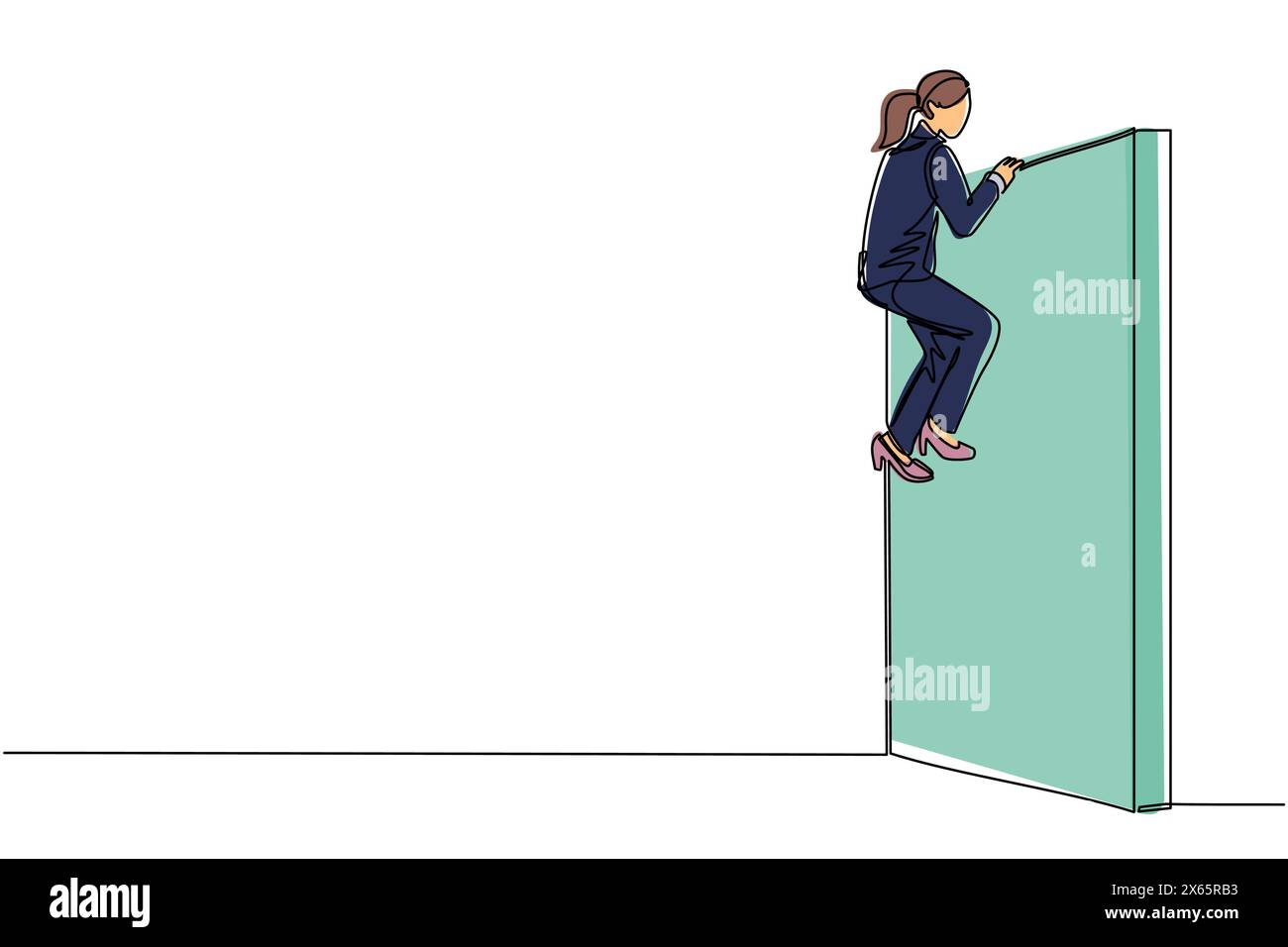 Continuous one line drawing businesswoman overcame wall obstacles that ...