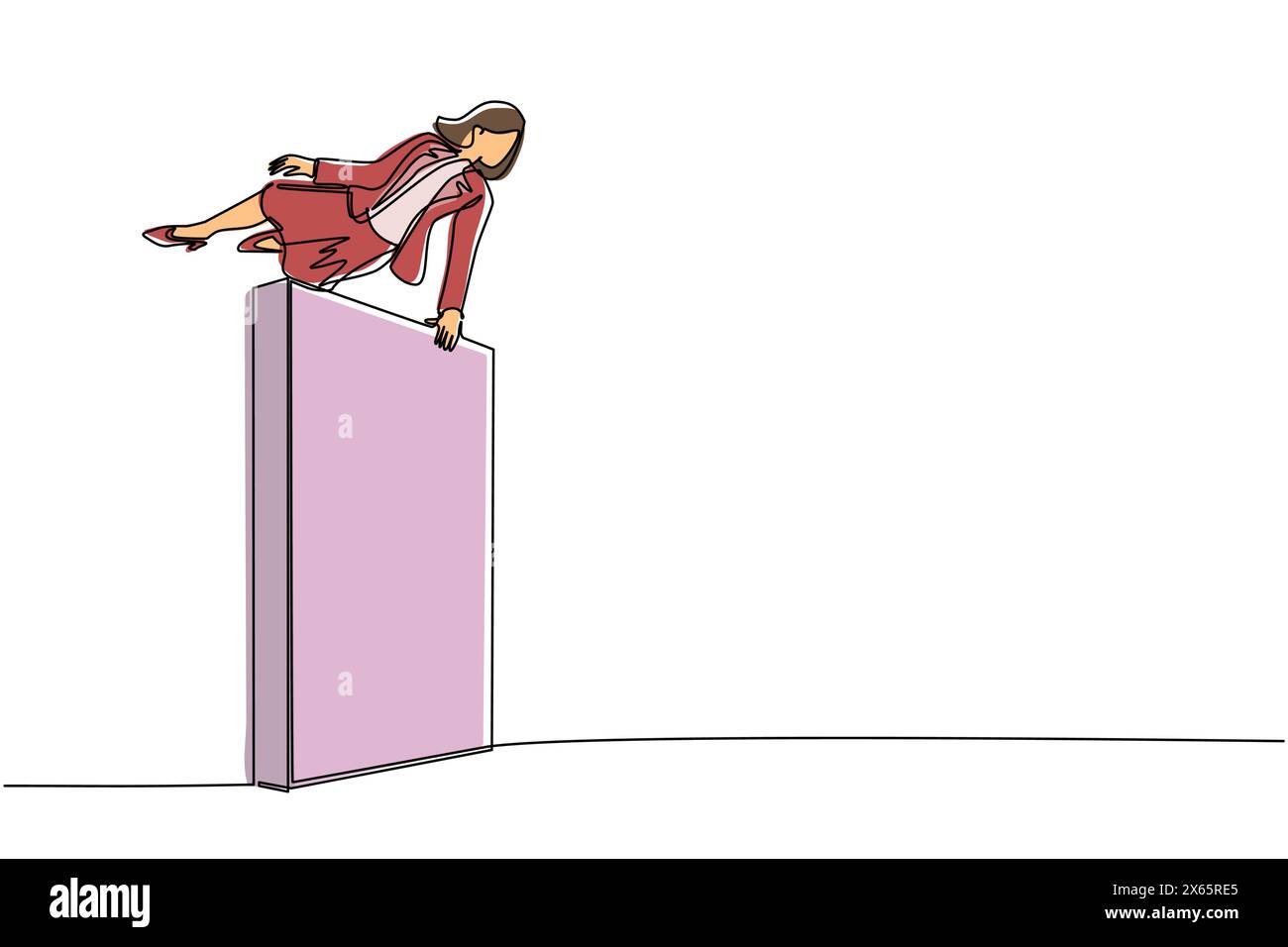 Single one line drawing businesswoman jumps over wall, outside comfort ...