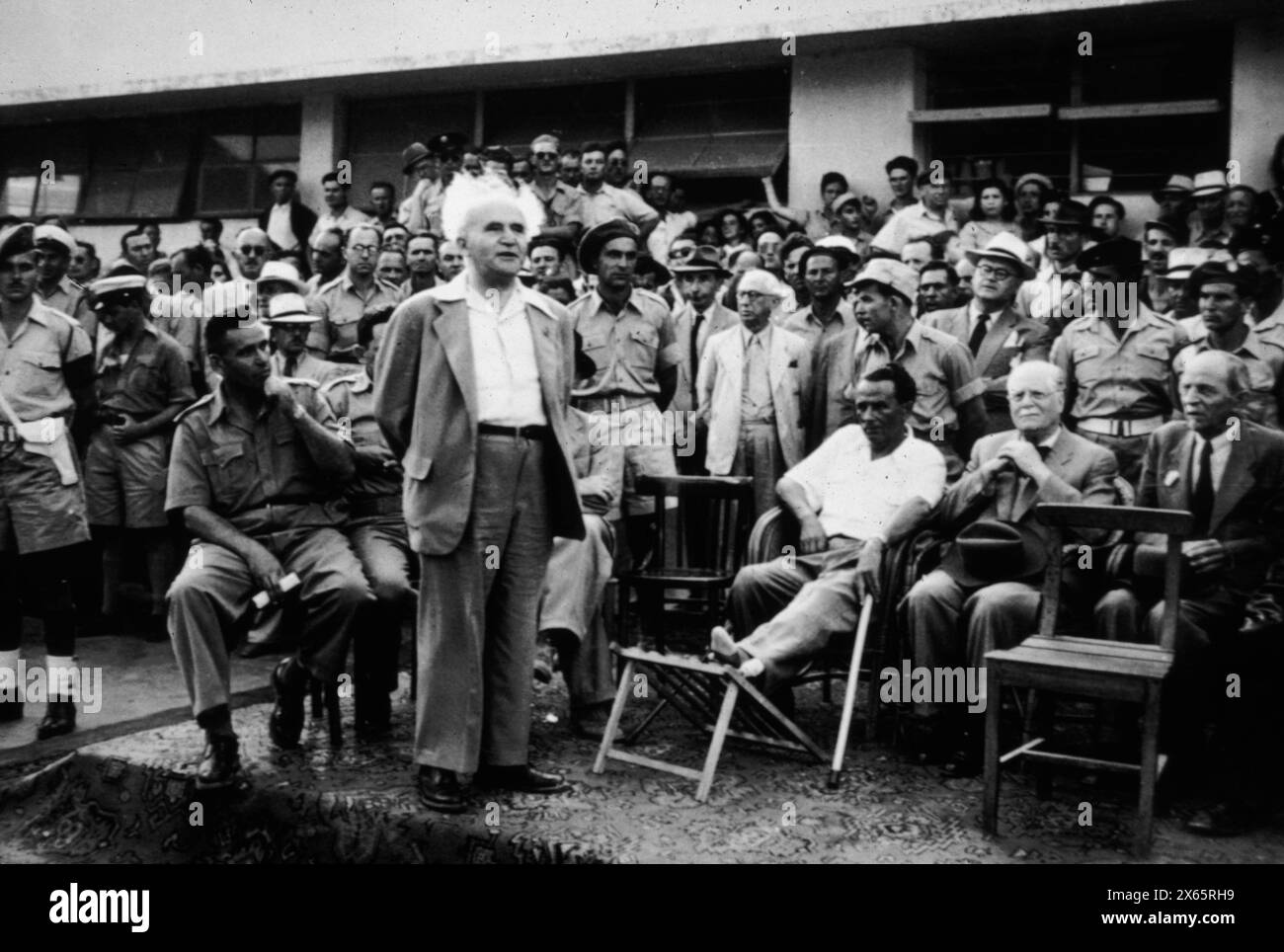 Israeli PM David Ben-Gurion speaks at the Proclamation of the port of Haifa as part of the state ...