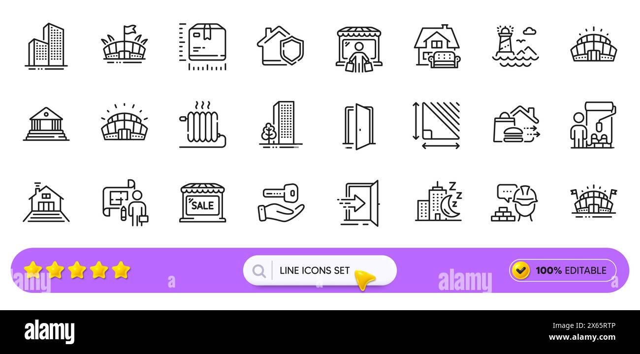 Package size, Buying house and Plan line icons for web app. Pictogram ...