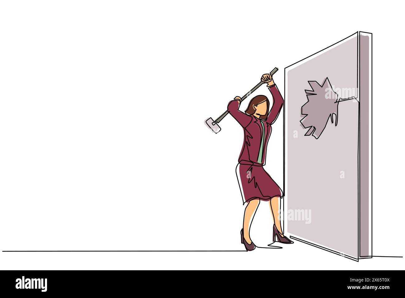 Single continuous line drawing businesswoman breaks and hitting wall ...