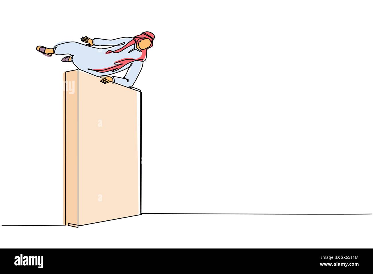 Single continuous line drawing Arabic businessman jumps over wall ...