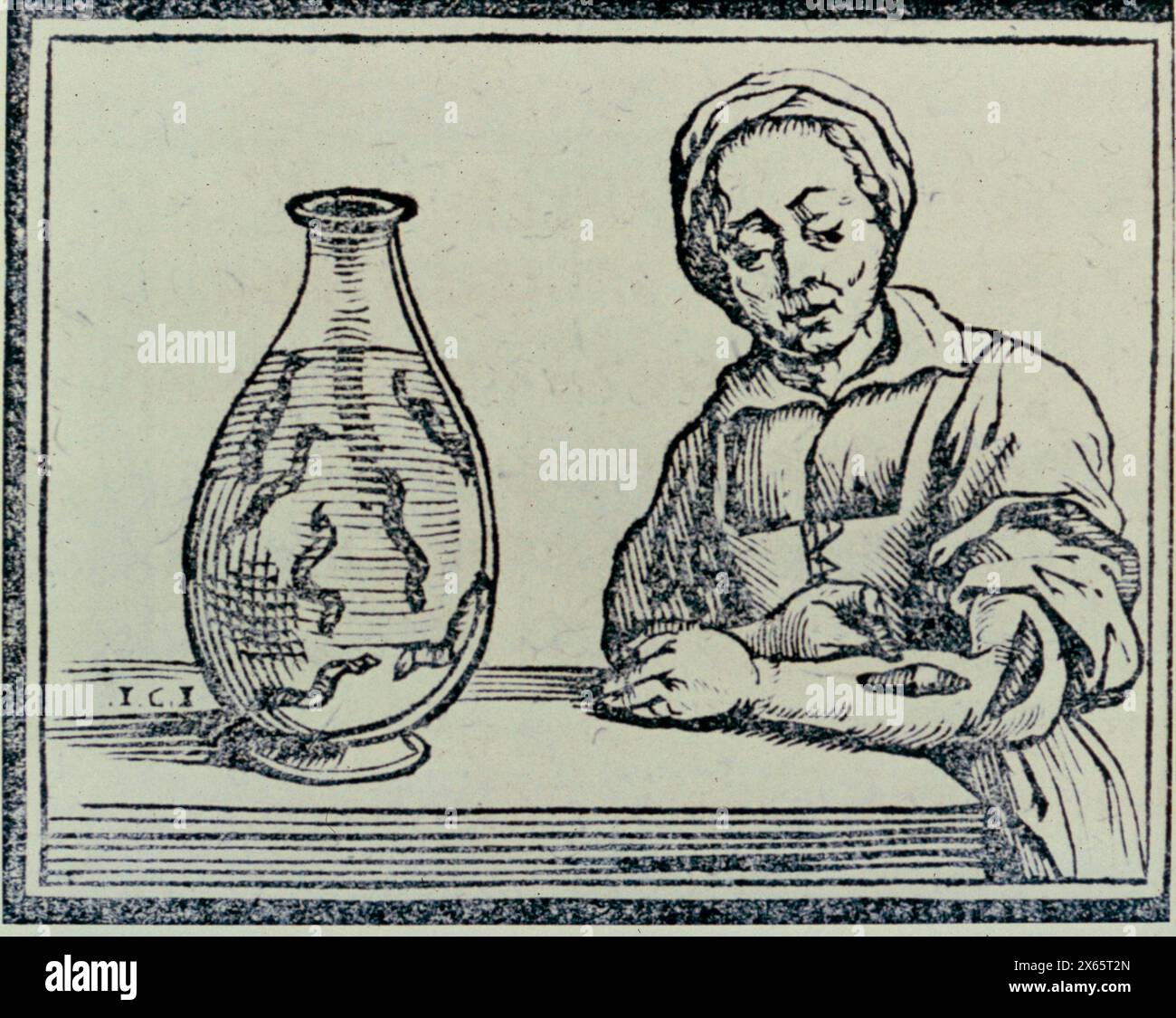 Woman with leeches in a jar, woodcut from Historica Medica, by Bossche ...
