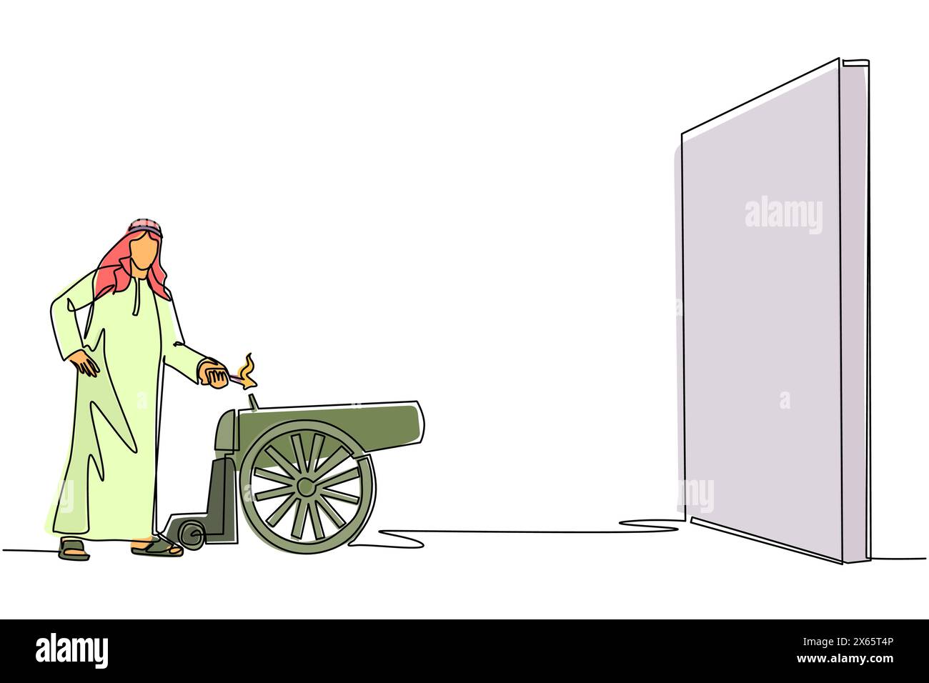 Single one line drawing Arabian businessman ignites cannon in front of ...