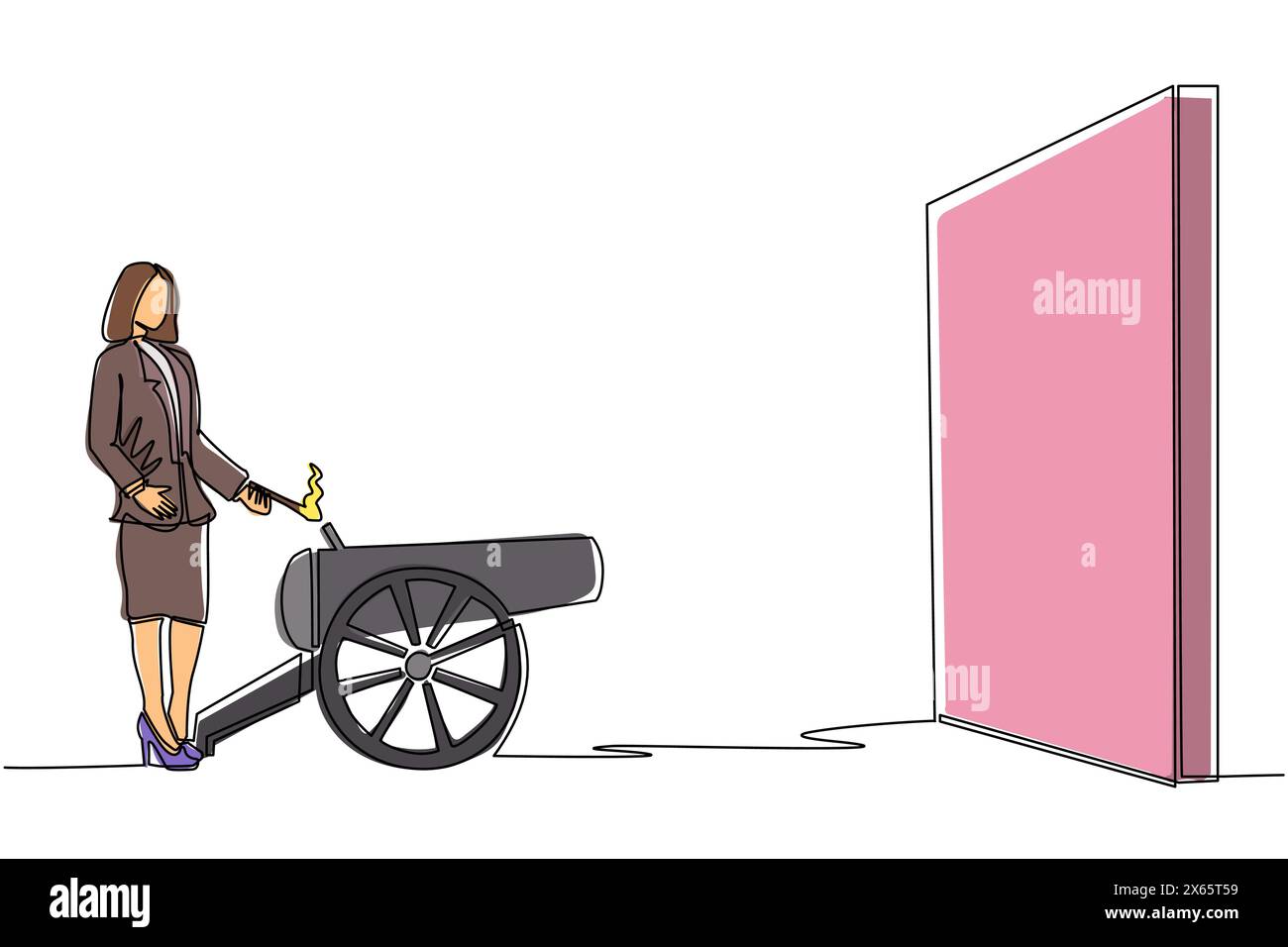 Single continuous line drawing businesswoman ignites cannon in front of ...