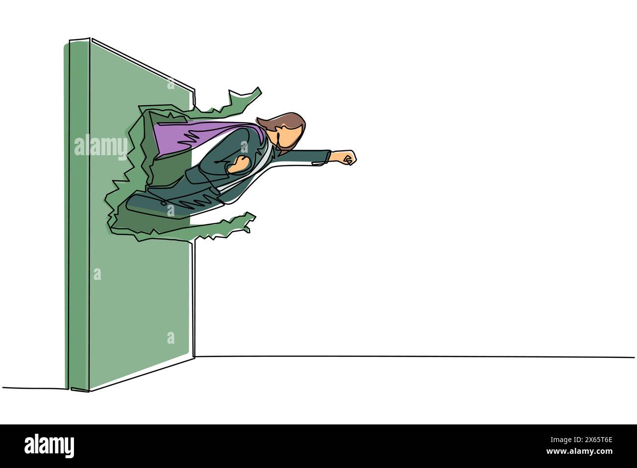 Single one line drawing super businesswoman punches and breaks wall ...