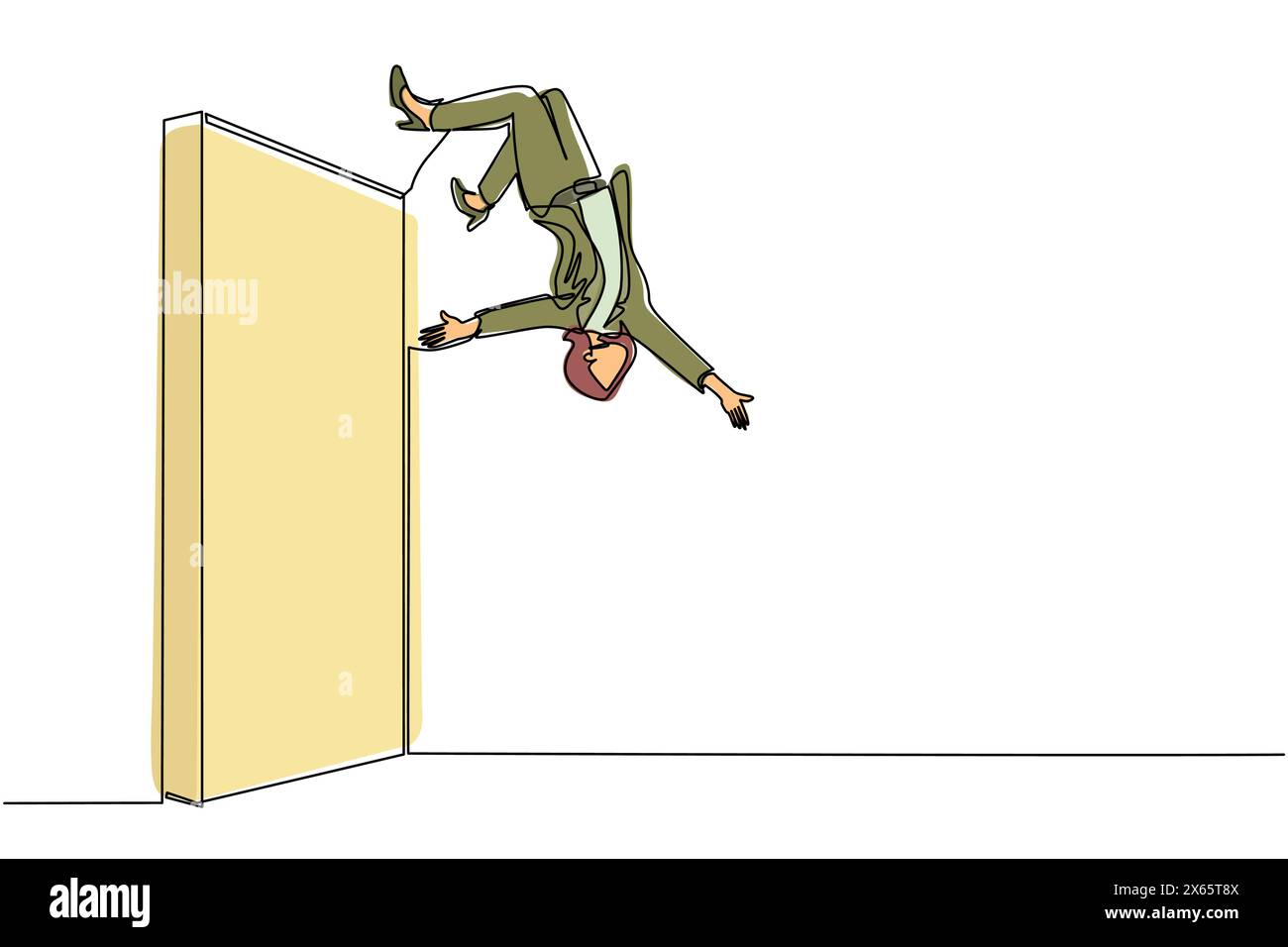 Continuous one line drawing businesswoman jumping over brick wall with ...