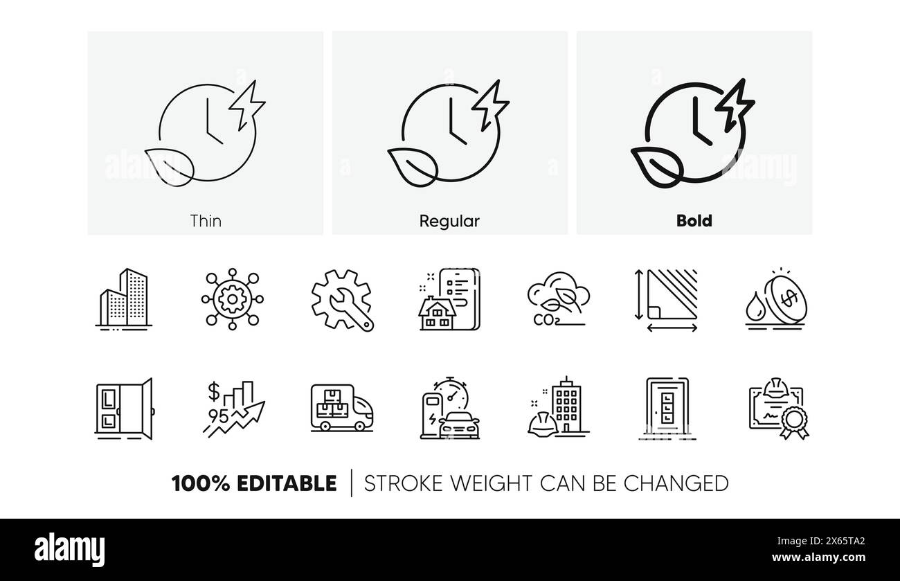 Construction building, Skyscraper buildings and Door line icons. For web app, printing. Line ...