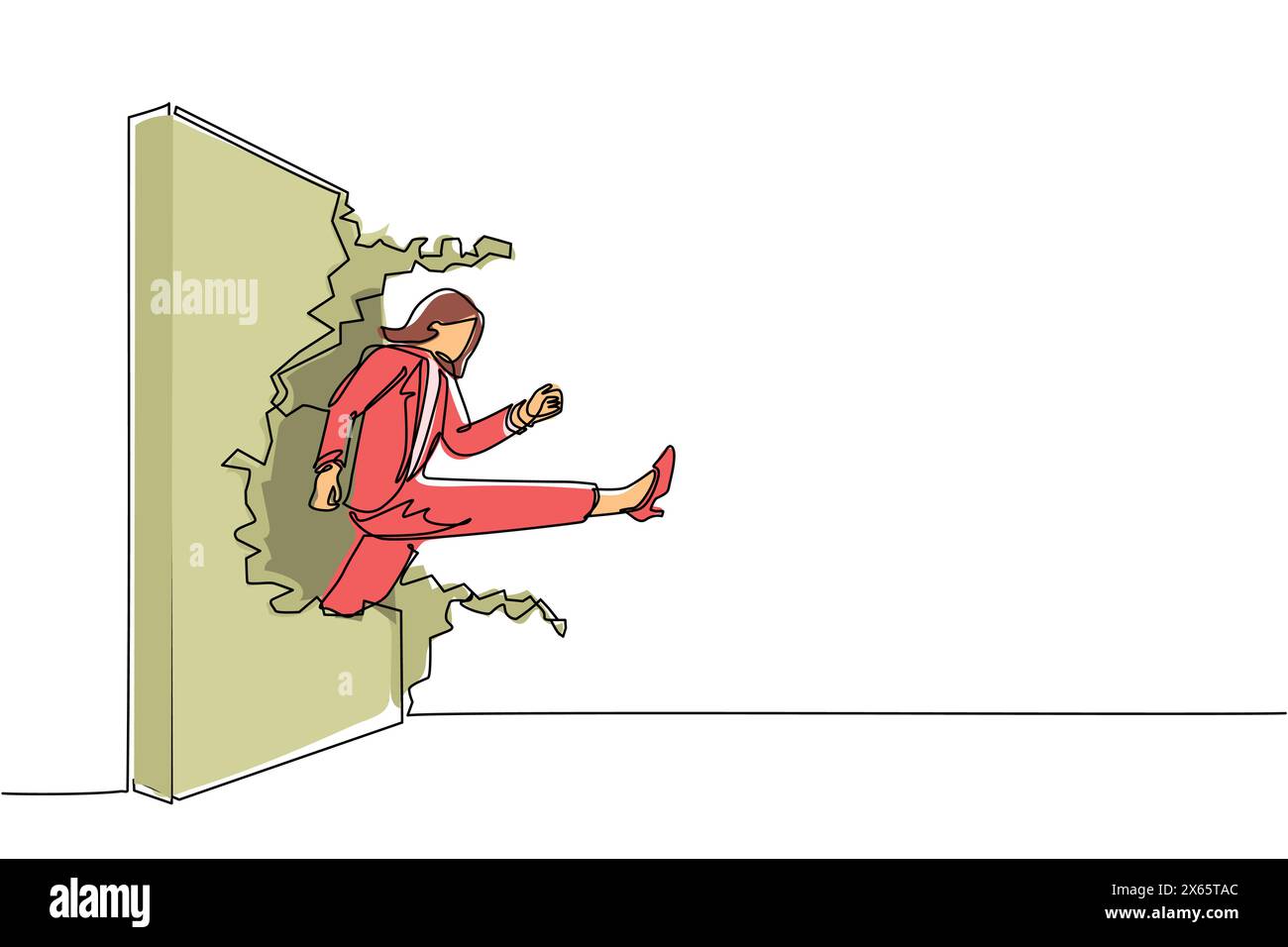 Single one line drawing businesswoman run and breaking through brick ...