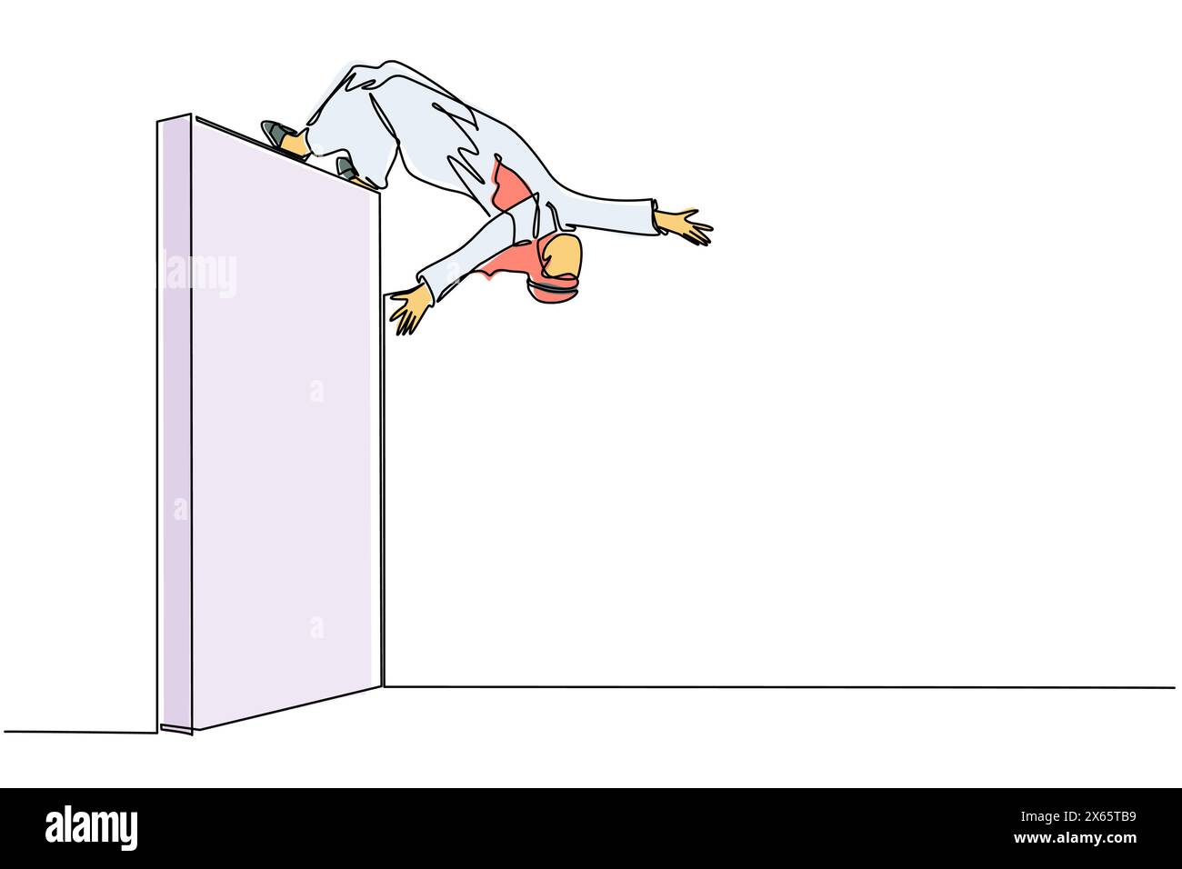 Continuous one line drawing Arabic businessman jumping over brick wall ...