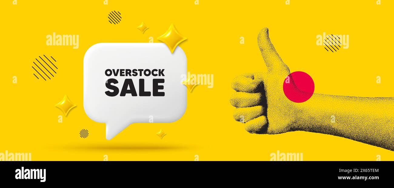 Overstock sale tag. Special offer price sign. Hand showing thumb up ...