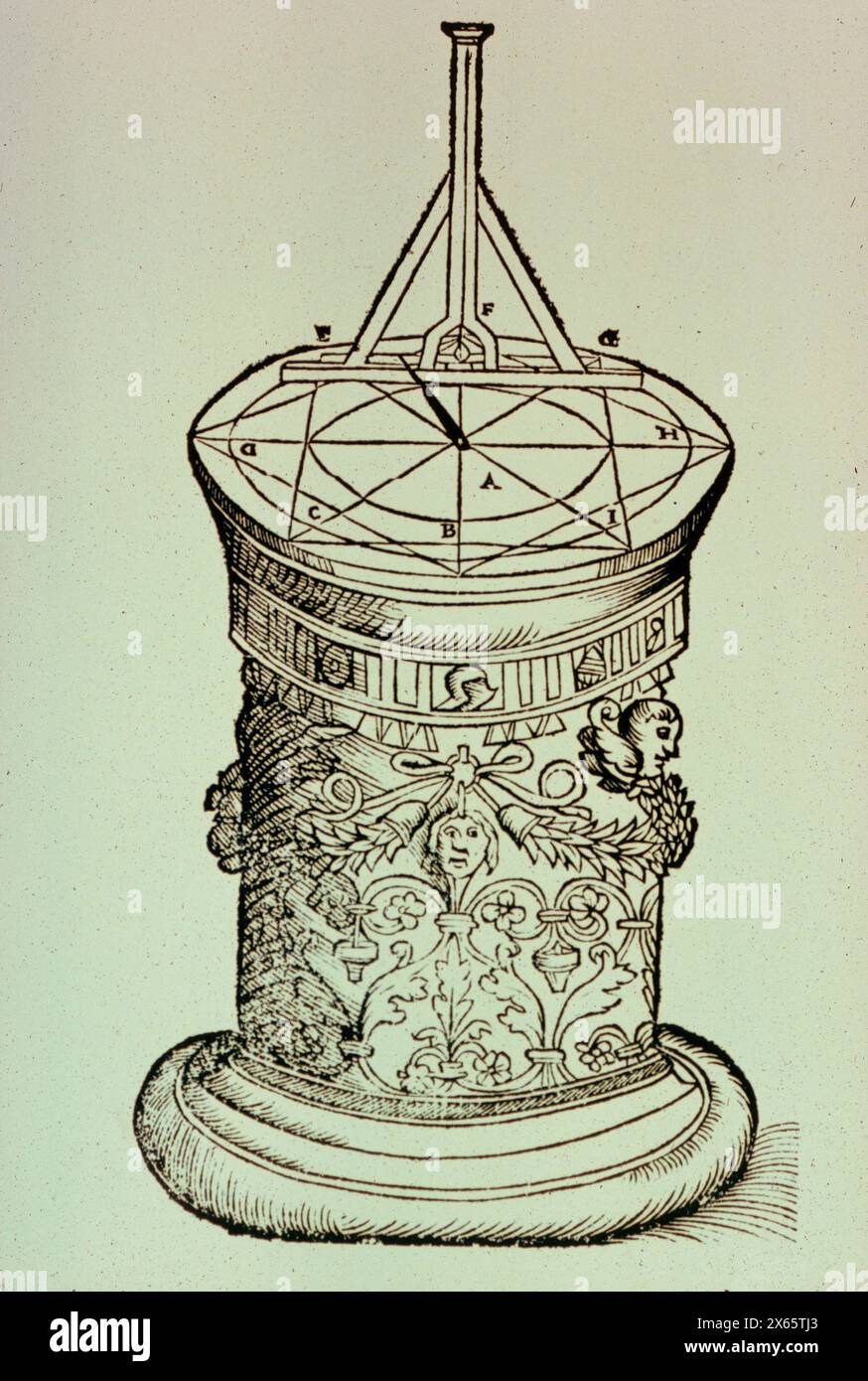 A sundial, one of the earliest time-measuring device, woodcut from De ...
