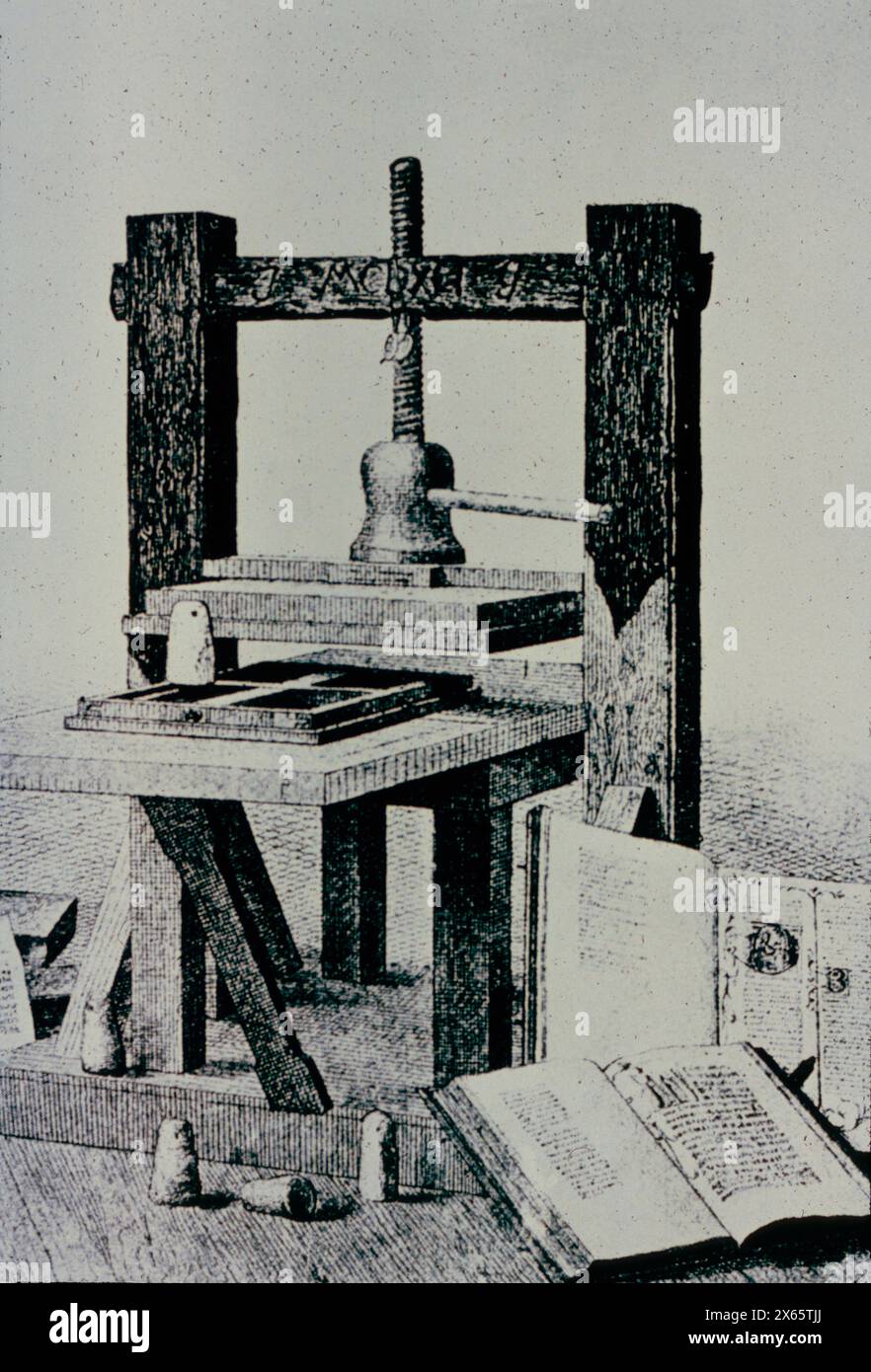 Reconstruction of Gutenberg´s printing press, illustration, Mainz ...