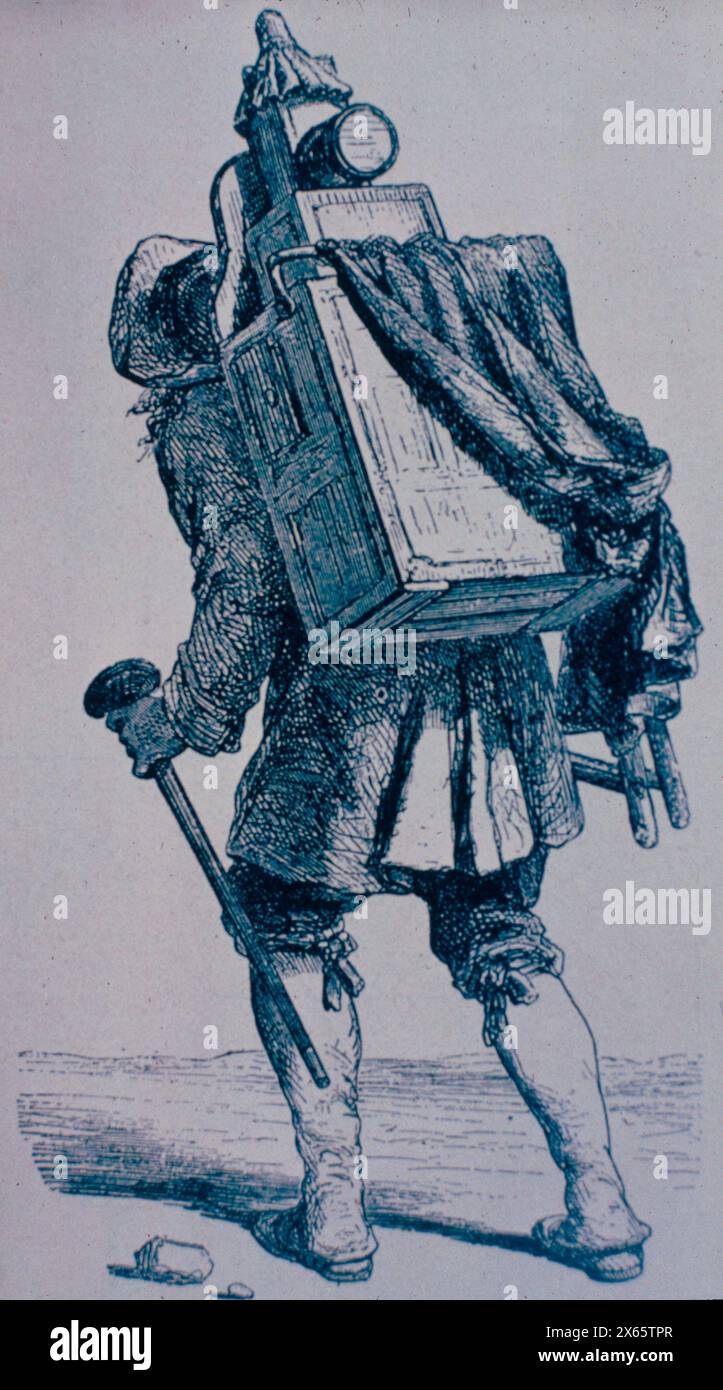 A magic lantern man, illustration by Mouilleron 18th century Stock ...