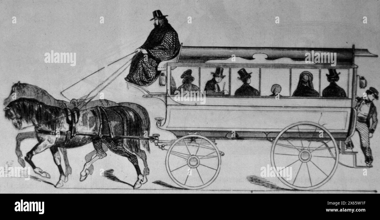 An omnibus, public mass transportation vehicle, mid-19th century, illustration Stock Photo - Alamy