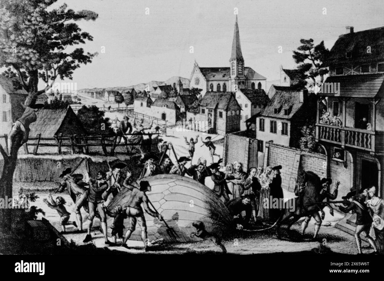 The Montgolfier balloon attacked by the inhabitants of Gonesse, France ...