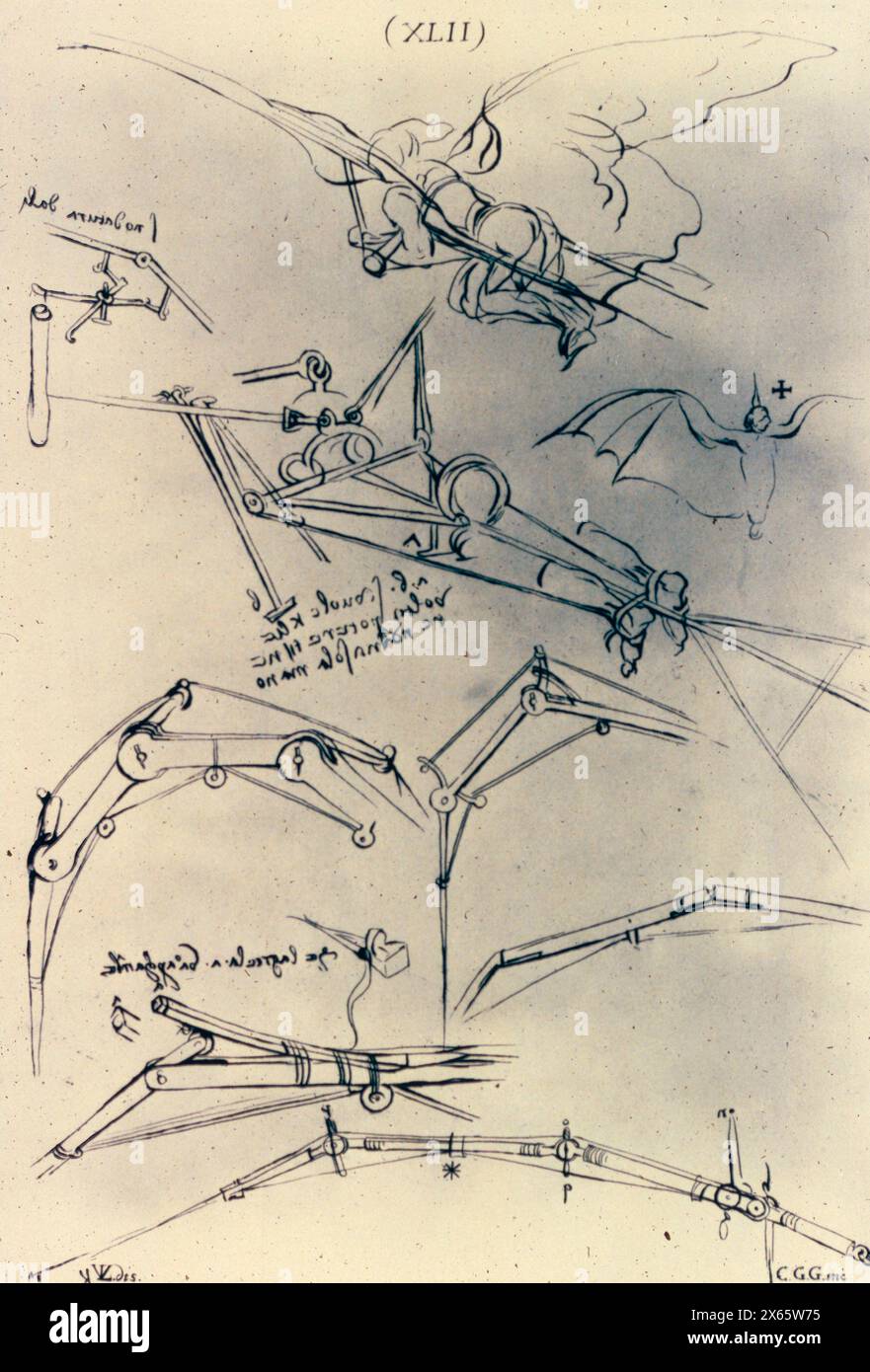 Flying machines, sketches from Leonardo da Vinci´s notebook ...