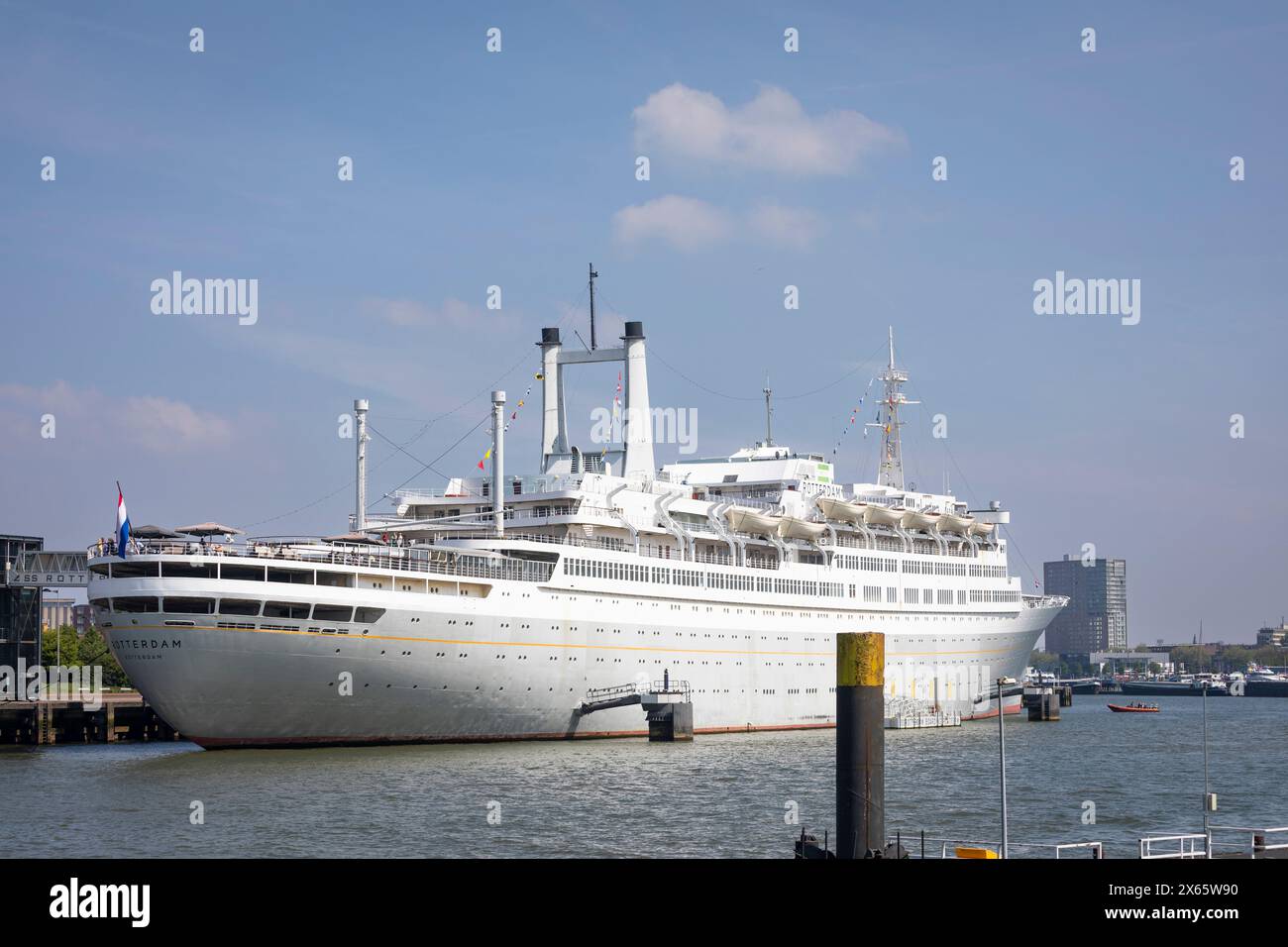 "SS Rotterdam", former flagship of the Holland America line, now a hotel boat in the harbor of ...