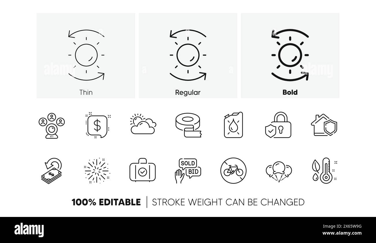 Carry-on baggage, Bicycle prohibited and Fireworks explosion line icons. For web app, printing ...