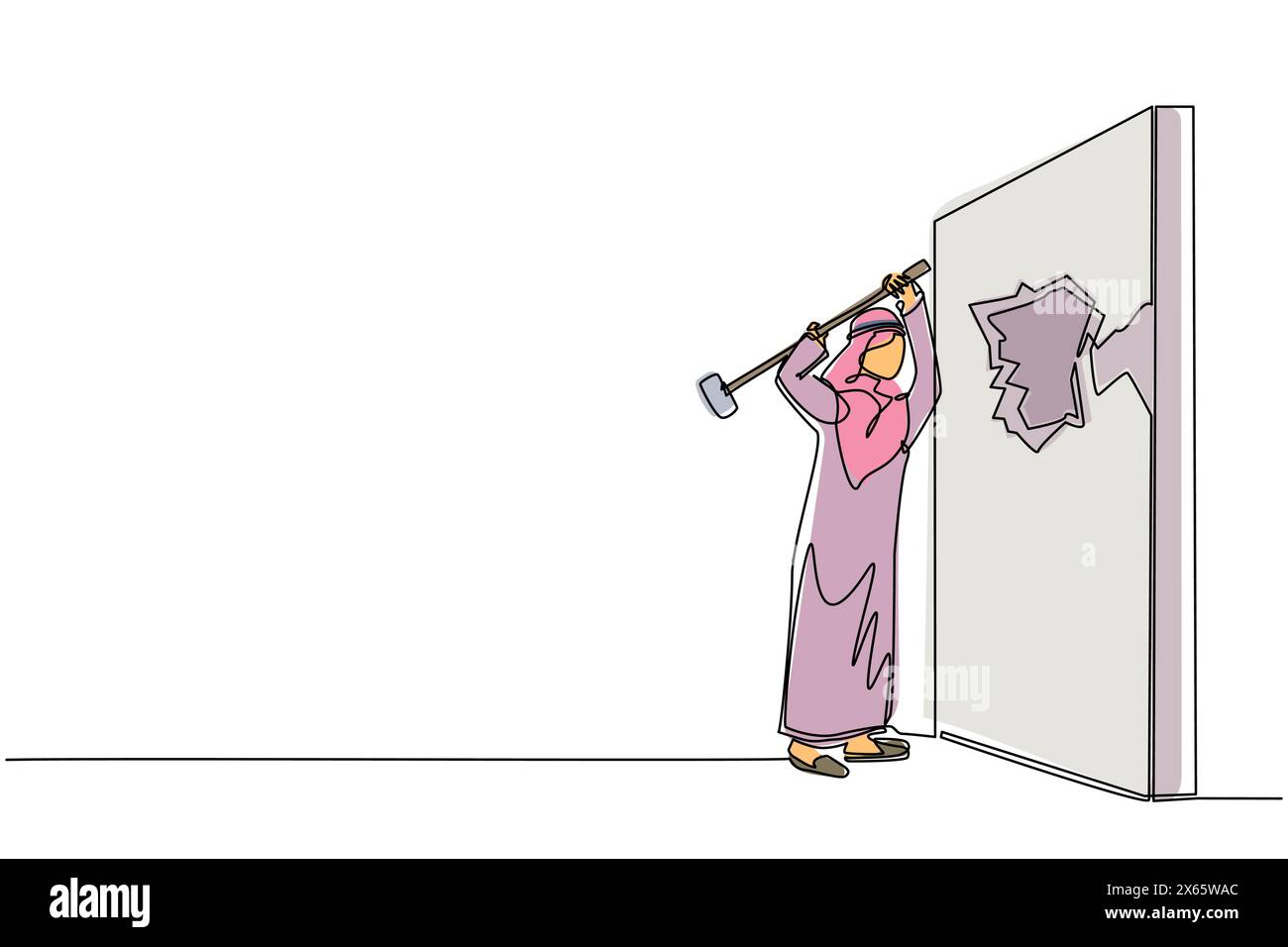 Single one line drawing Arabian businessman breaks and hitting wall ...