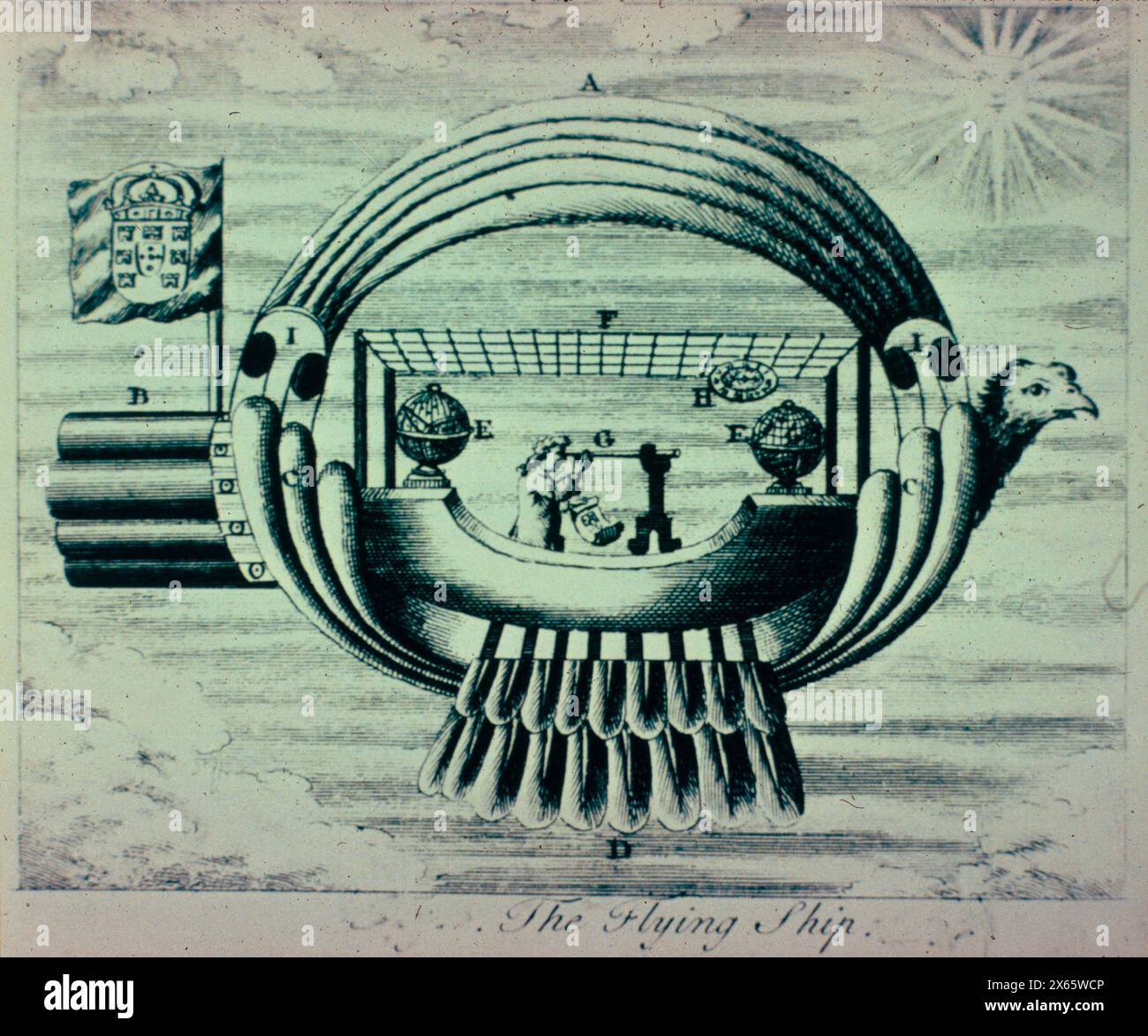 The flying ship Passarola, airship launched by Bartholemeu Lomenco de ...