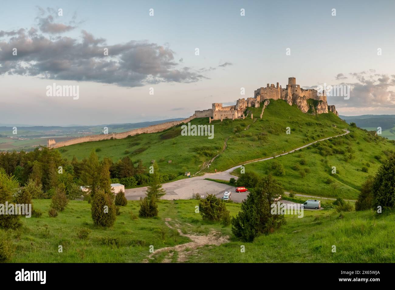 Aerial view of the Spis castle at sunrise, Unesco World Heritage Site ...