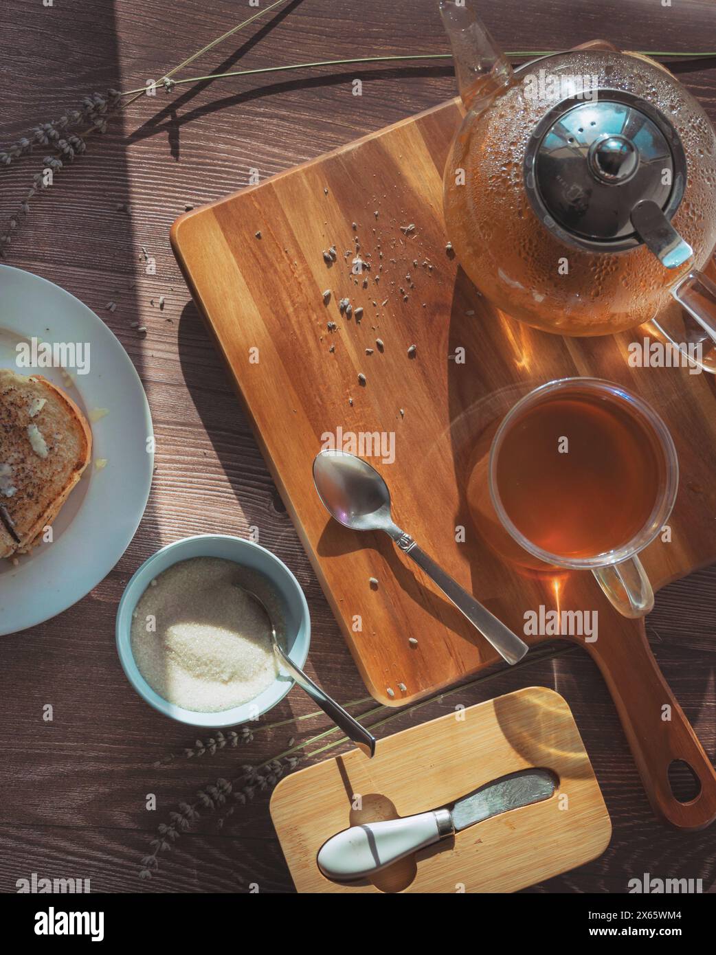 Tea toast lavender breakfast wood Stock Photo - Alamy