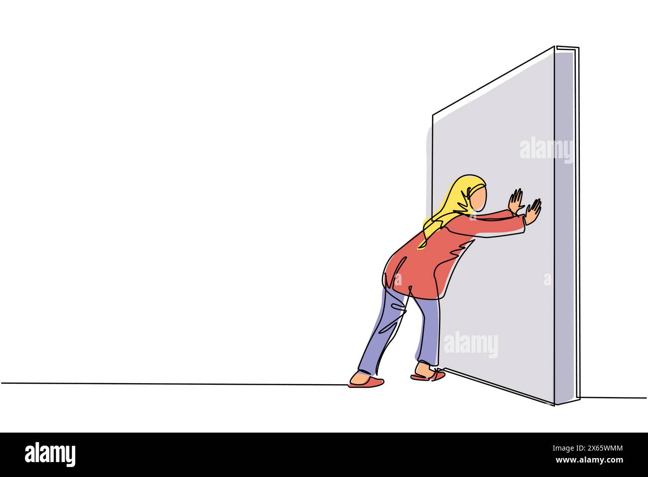 Single continuous line drawing Arab businesswoman pushing wall ...