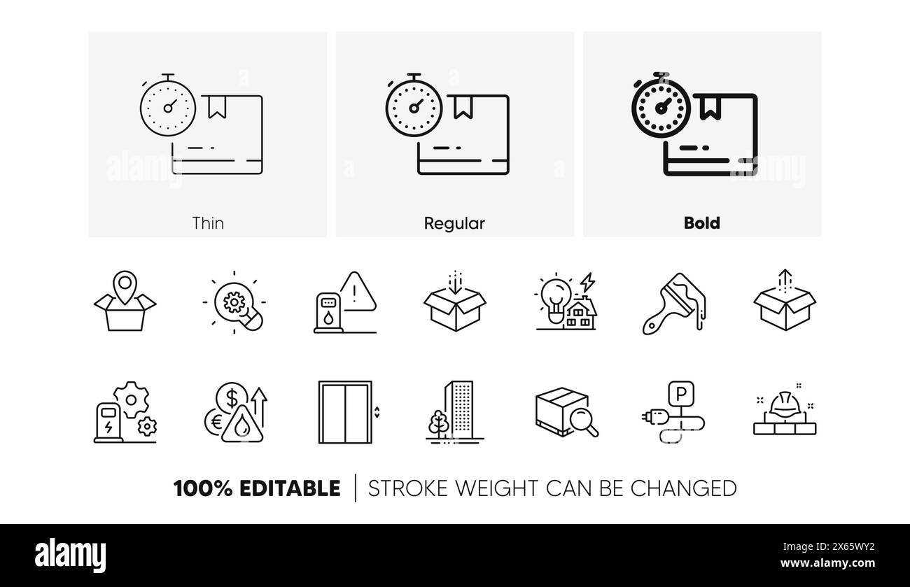 Package location, Fuel price and Cardboard box line icons. For web app, printing. Line icons ...
