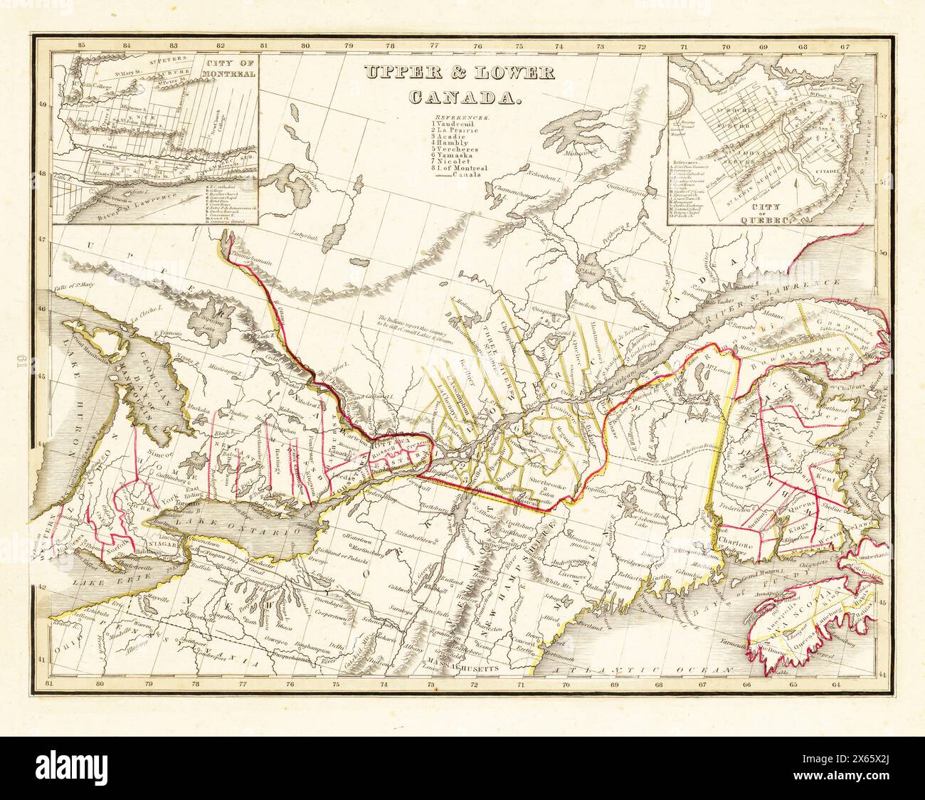 Vintage historical map of Upper and Lower Canada. showing city of ...