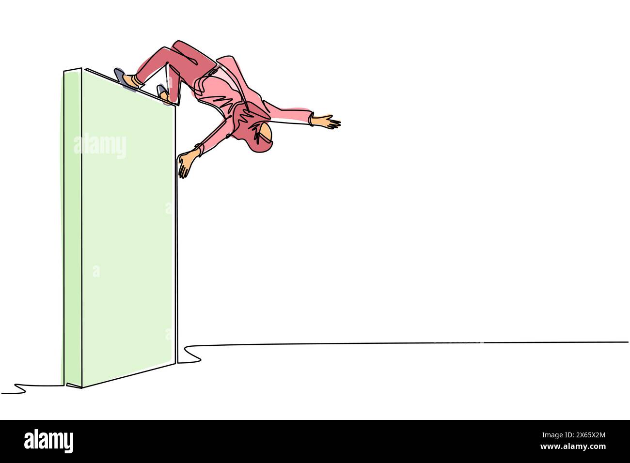 Single one line drawing Arabic businesswoman jumping over brick wall ...