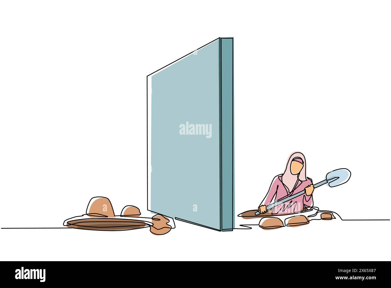 Single one line drawing Arabian businesswoman digging tunnel under wall ...
