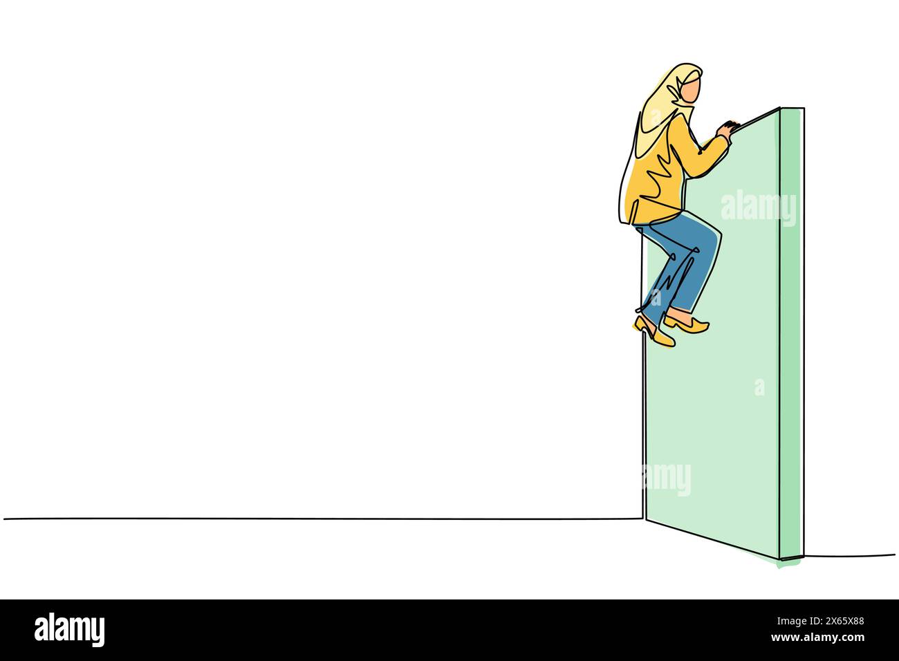 Continuous one line drawing Arabic businesswoman overcame wall ...
