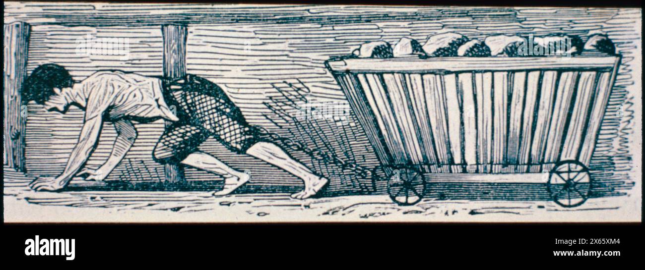 Trolley-boy dragging a car filled with coal through a tunnel in a ...